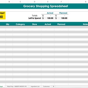 Grocery Shopping Budget List Excel Spreadsheet Template (works W ...