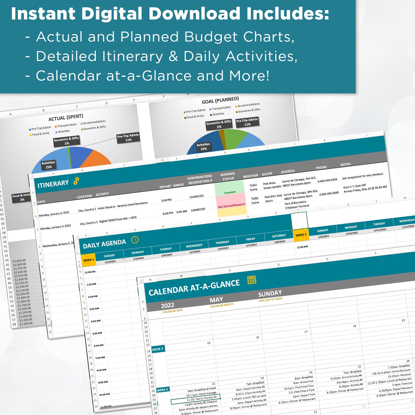 Travel Planner & Travel Planning Excel Spreadsheet Template | Editable ...