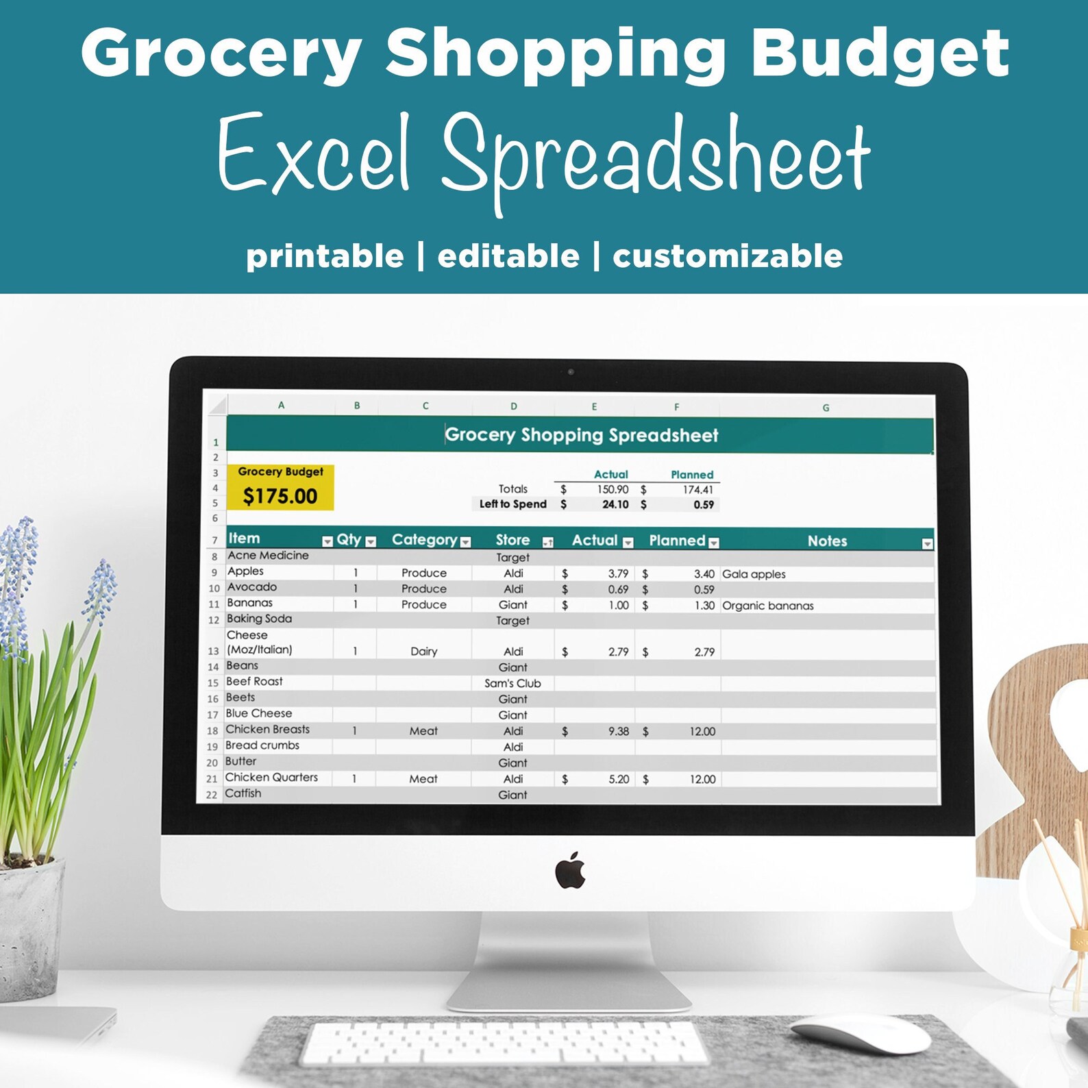Grocery Shopping Budget List Excel Spreadsheet Template (works W ...