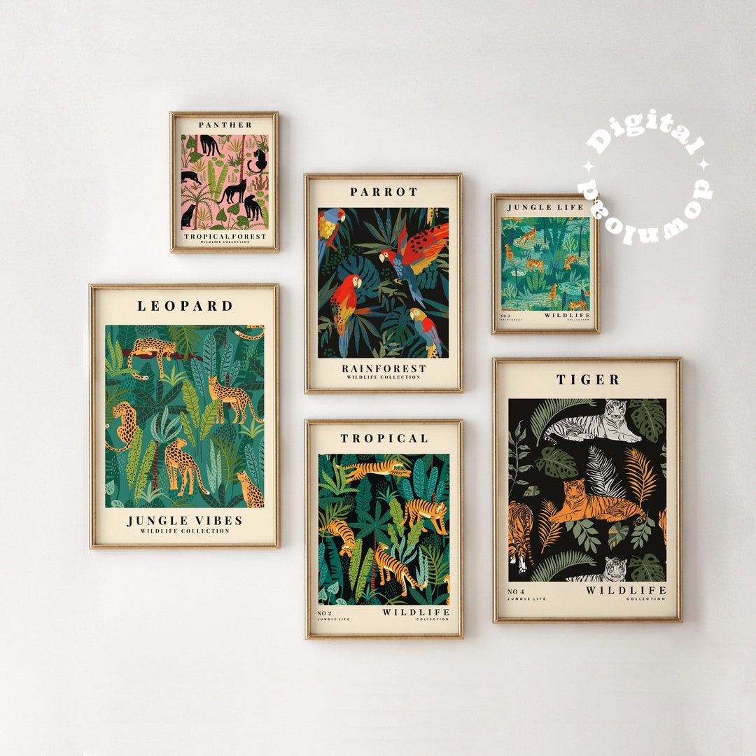 Set of 6 Jungle Animal Prints, Leopard, Tiger, Panther, Parrot ...