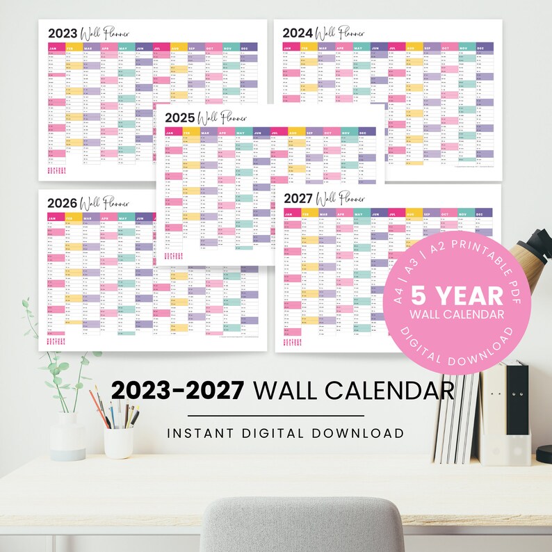 2023-2027 Five Year Wall Calendar | Colorful A2 Planner (digital ...