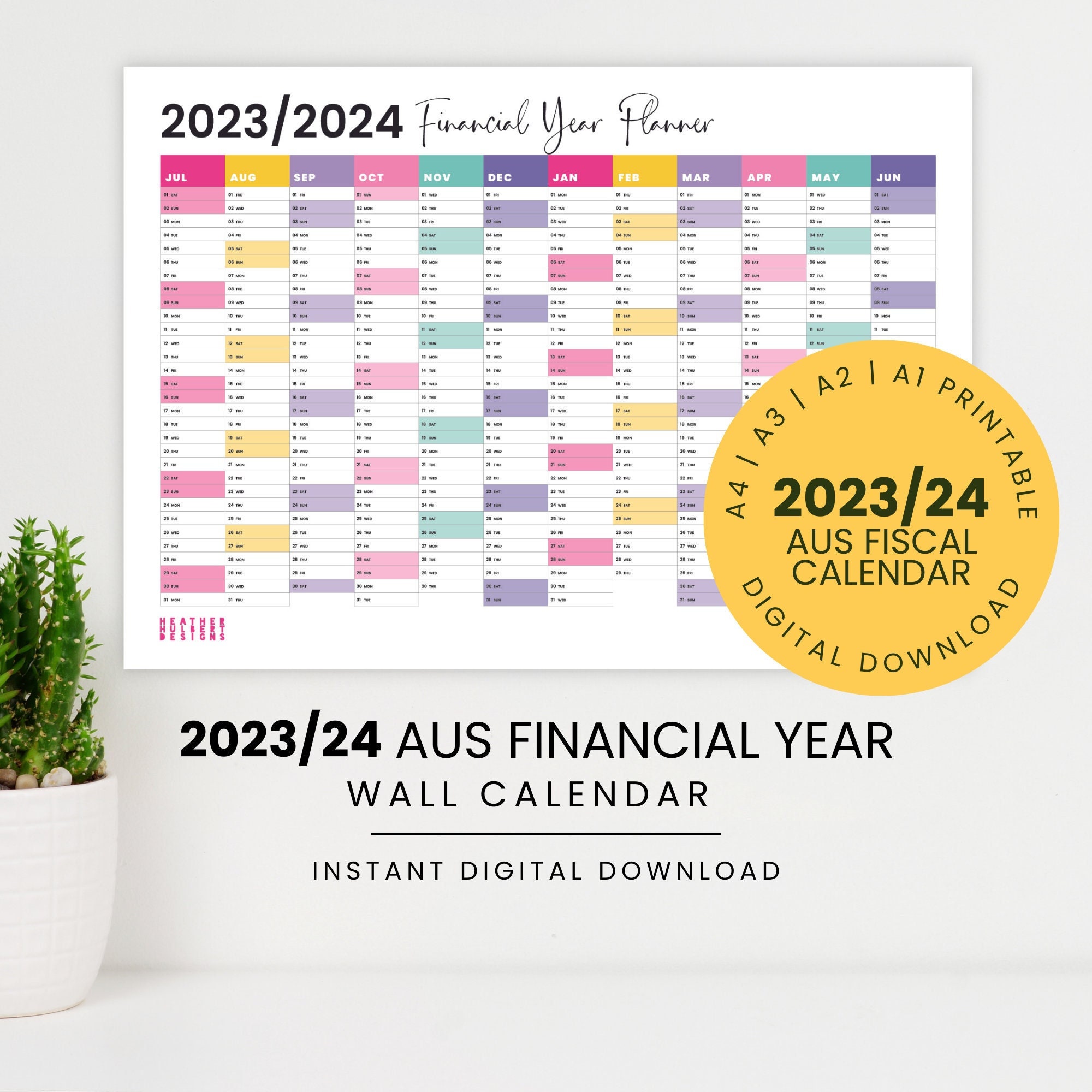 2023-2024 AUS Financial Year Wall Calendar Rainbow Printable Year ...