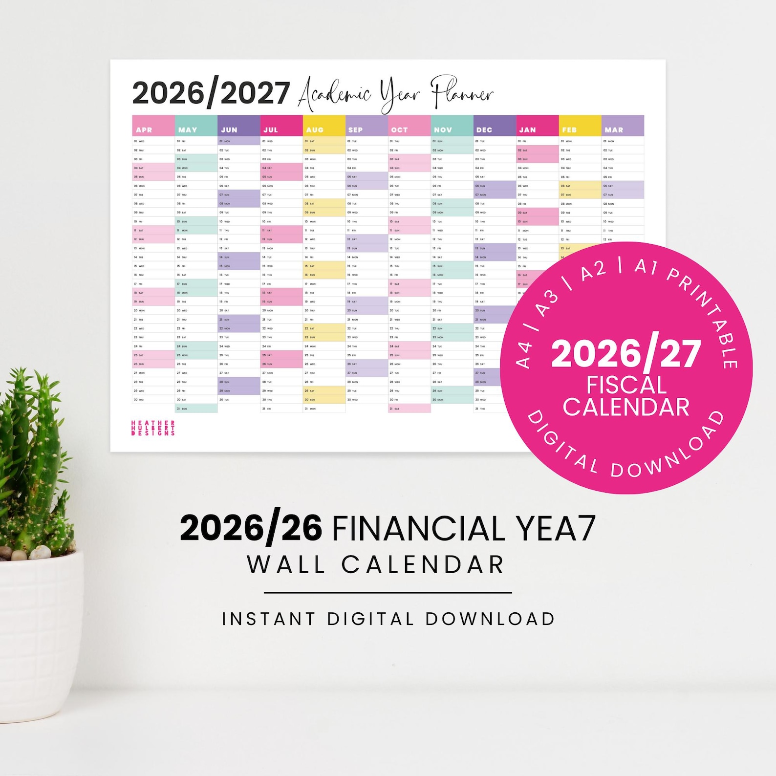 2026-2027 UK Financial Year Wall Calendar | Rainbow Printable Year ...