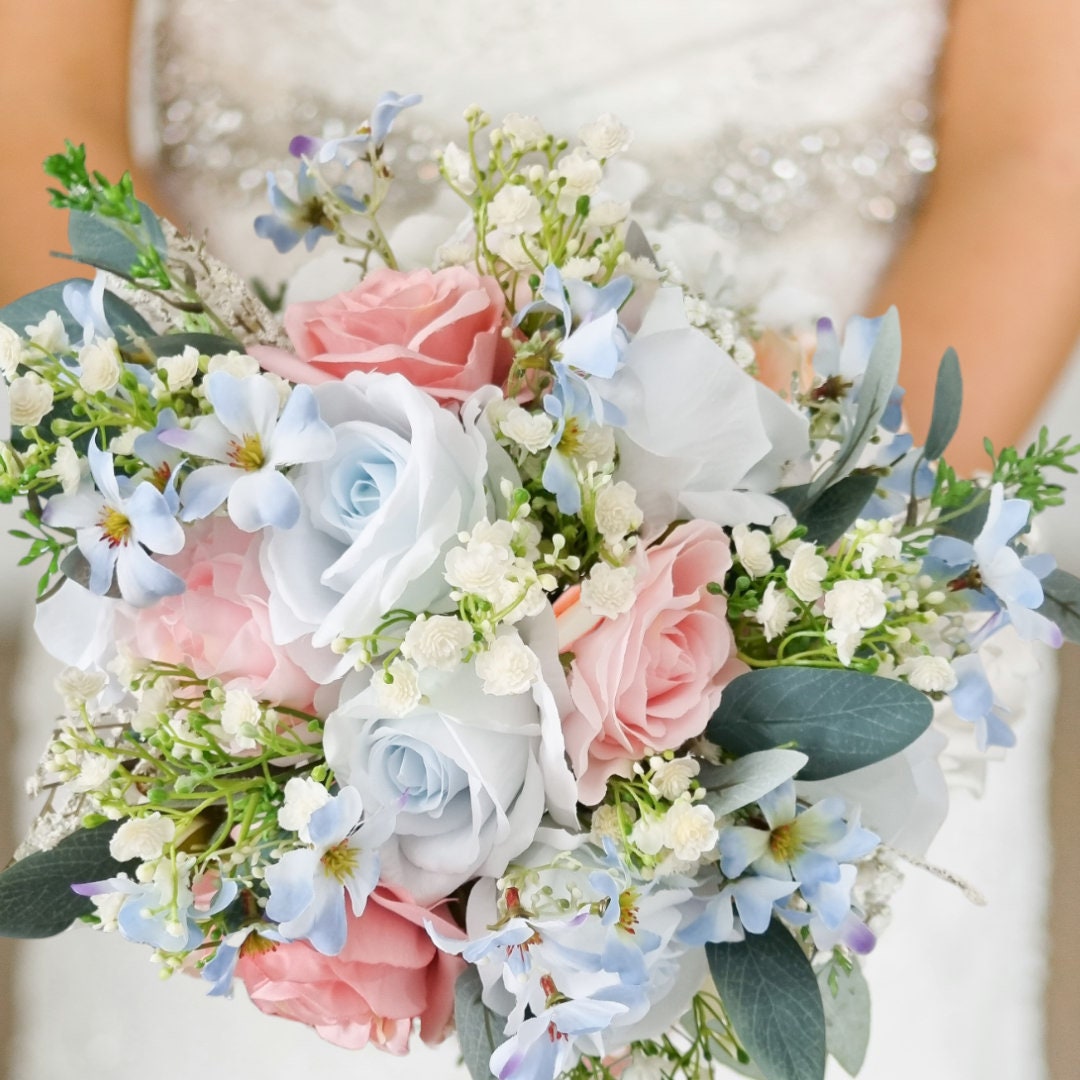 Baby Pink & Light Dusty Blue Bridal Bouquet, Wedding Bouquet - Etsy