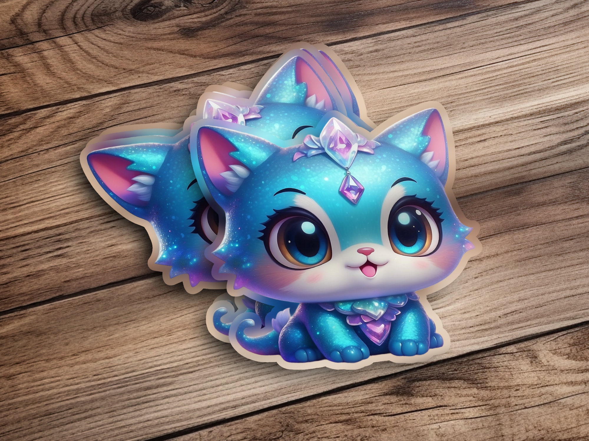 Cute Kawaii Blue Cat Sticker, Adorable Anime Animal Decal, Sparkly Pet ...