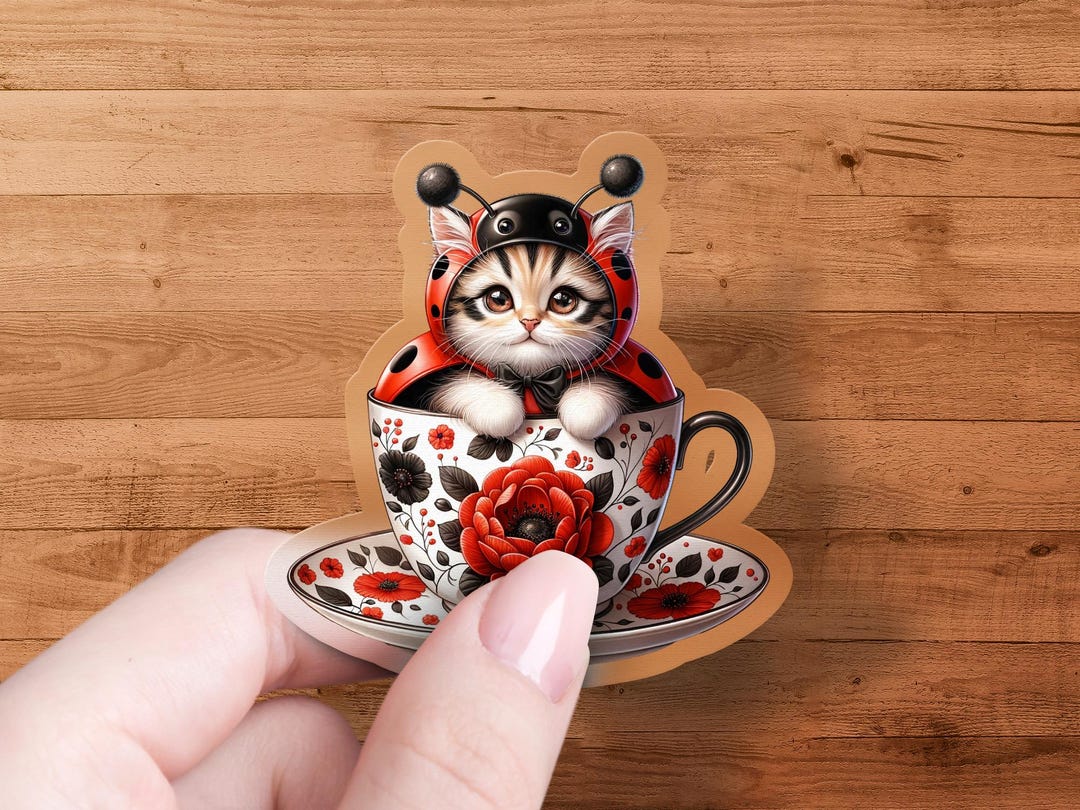 Cute Kitten in Ladybug Costume Sticker, Adorable Cat in Teacup Sticker ...