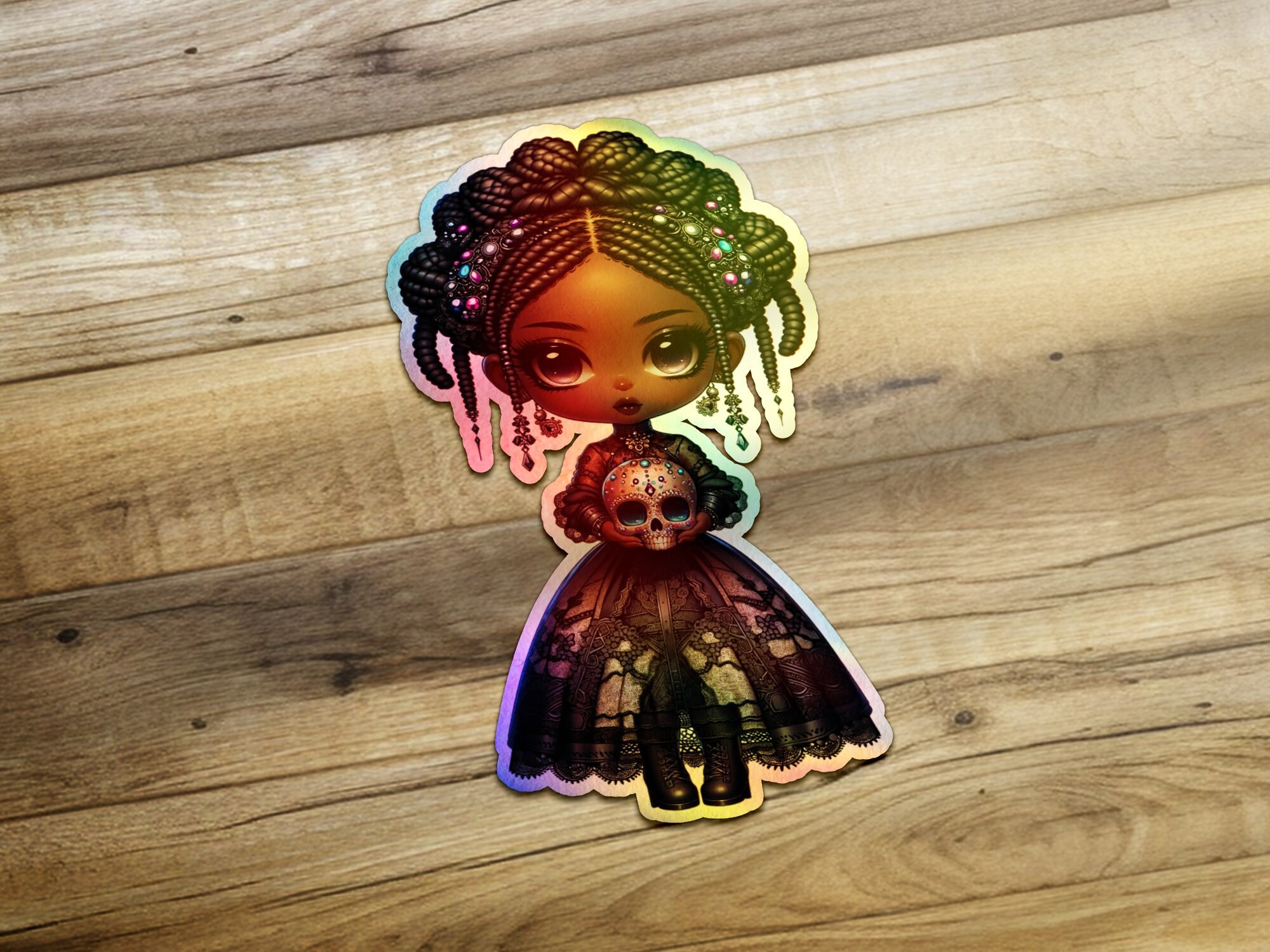 Gothic Cute Doll Sticker, Kawaii African American Doll Art, Skull ...