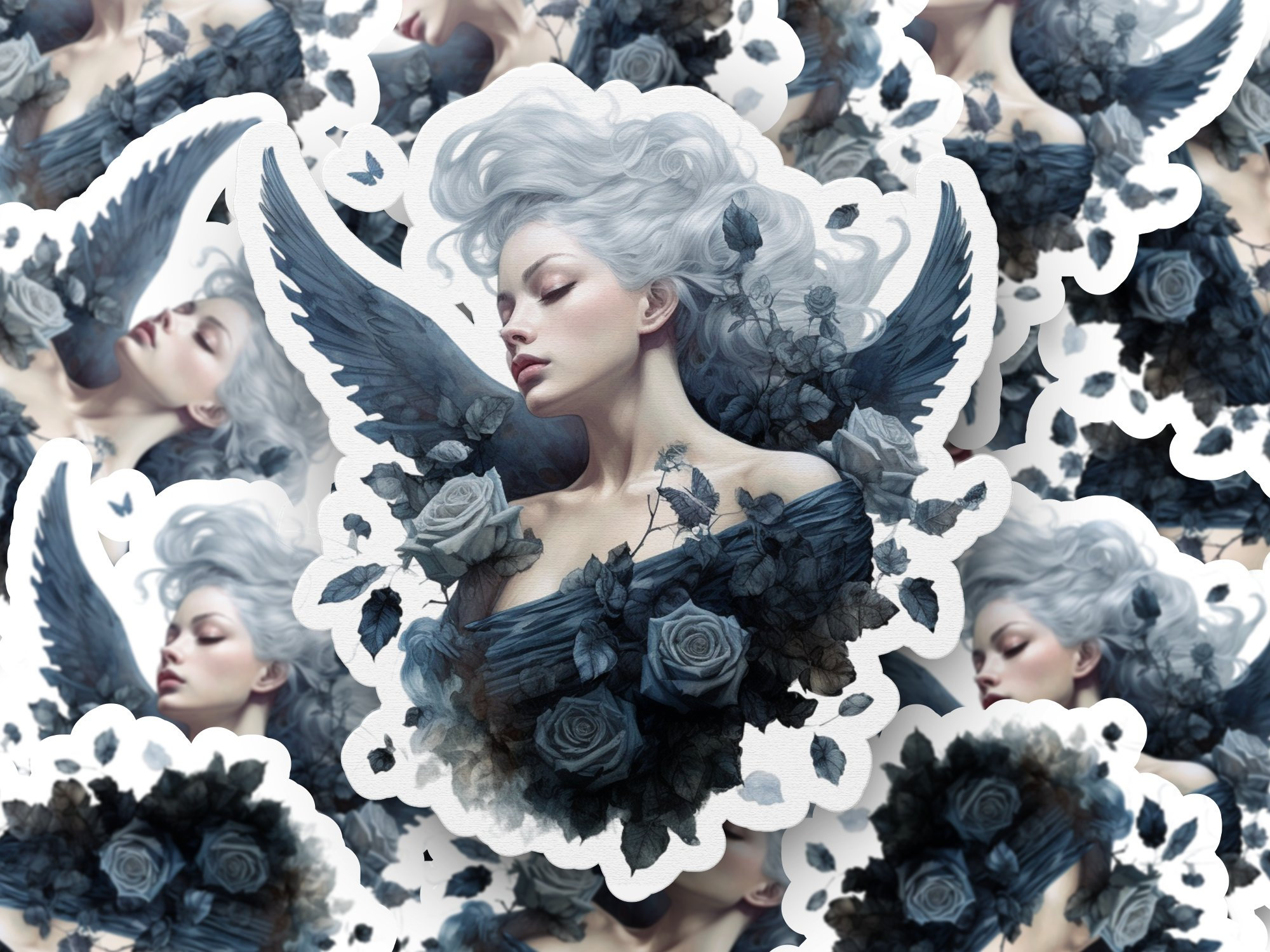 Angelic Gothic Art Sticker, Fantasy Angel With Roses, Dark Aesthetic ...