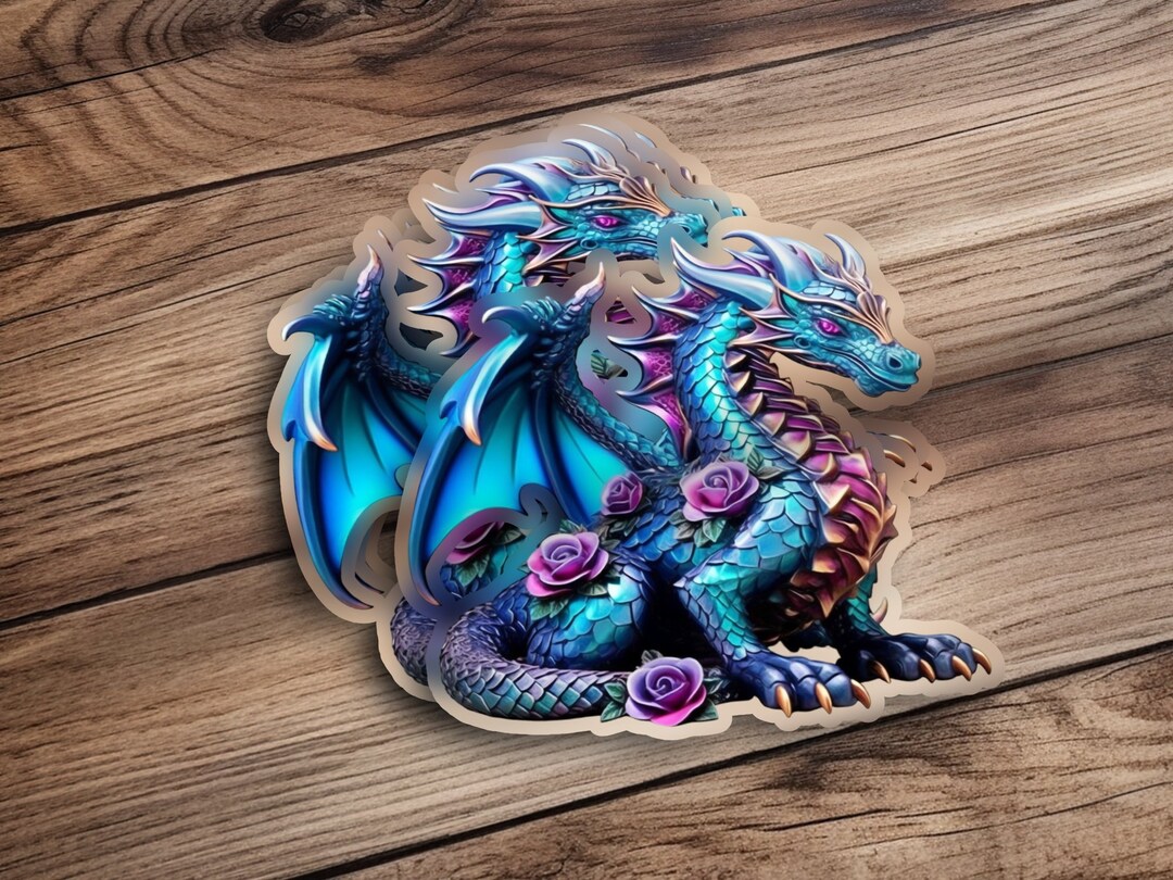 Fantasy Dragon Sticker, Blue Dragon With Roses, Mythical Creature Decal ...