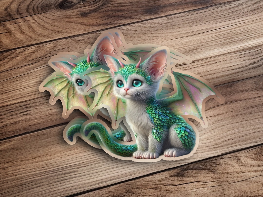 Cute Fantasy Cat Dragon Sticker, Mystical Green Dragon Cat Decal ...