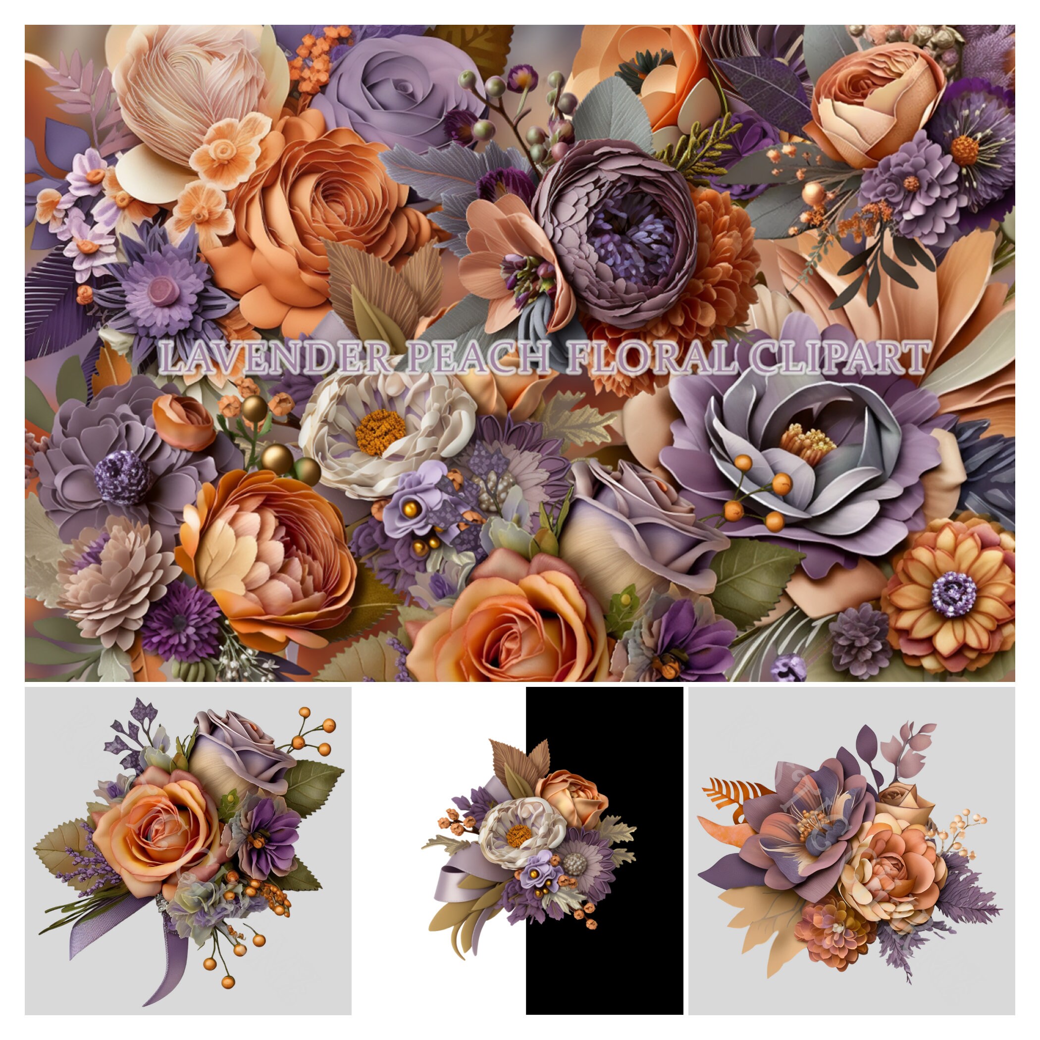 Lavender Peach Floral Clipart, Flowers, Paper Craft, Scrapbooking, Junk ...