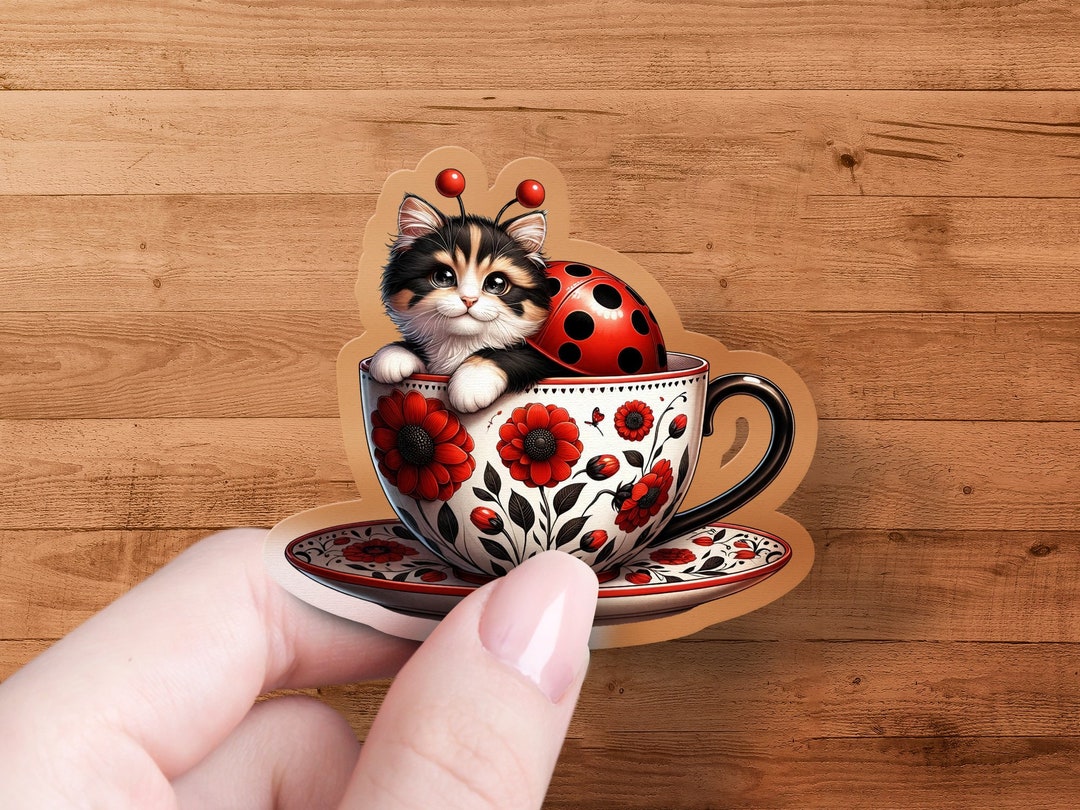 Cute Kitten in Ladybug Teacup Sticker, Adorable Cat in Floral Cup ...