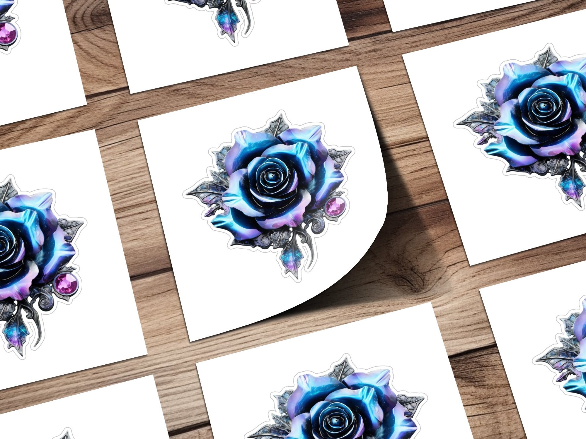 Gothic Blue Rose Sticker, Metallic Floral Decal, Celestial Flower ...