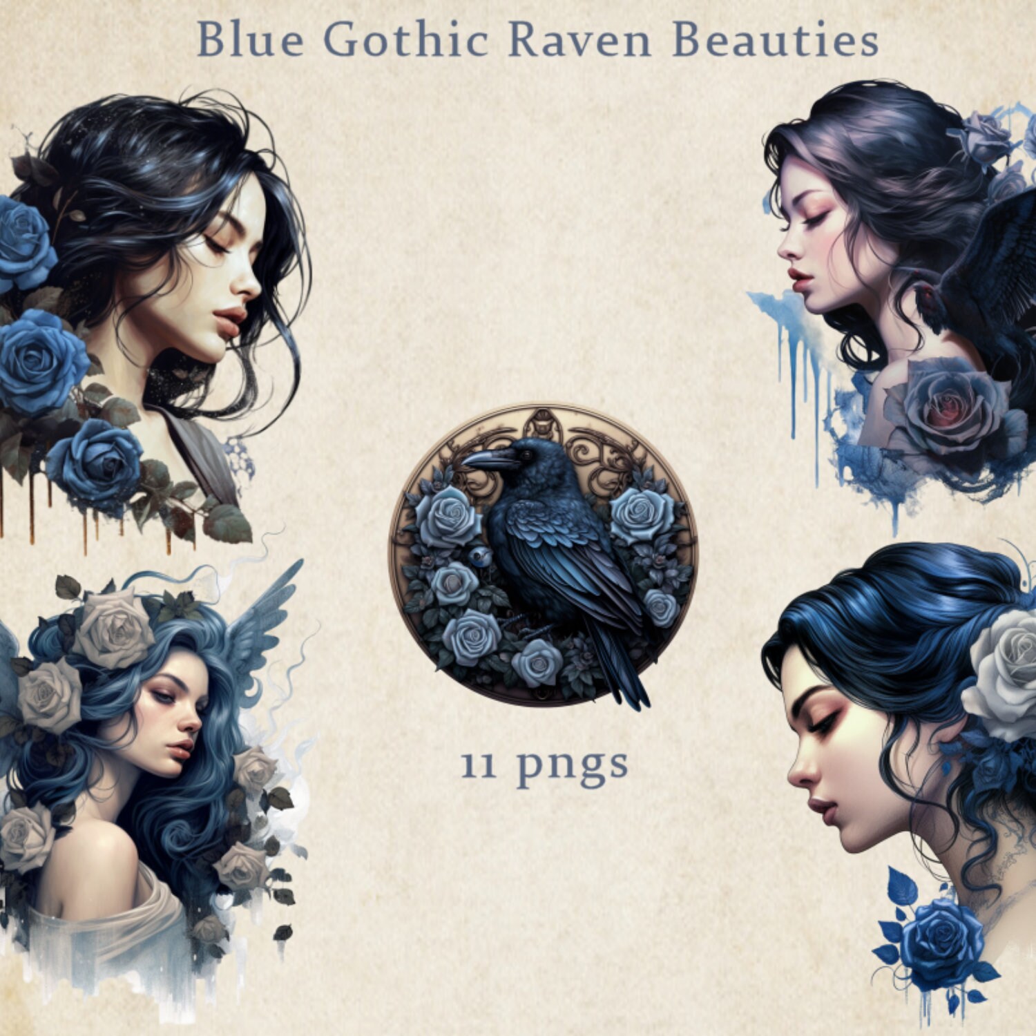 Blue Gothic Raven Beauties Clipart, Gothic, Magic, Floral, Raven ...
