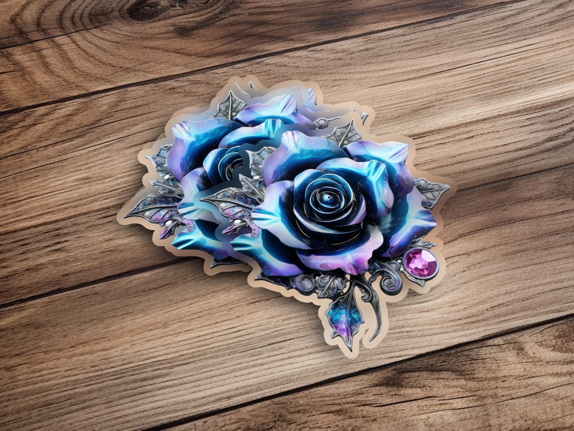 Gothic Blue Rose Sticker, Metallic Floral Decal, Celestial Flower ...