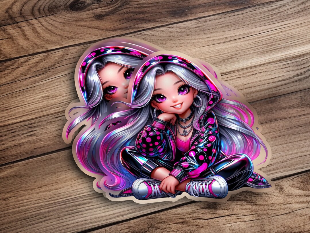 Cute Kawaii Girl Sticker, Anime Art Stickers, Pink and Black Aesthetic ...
