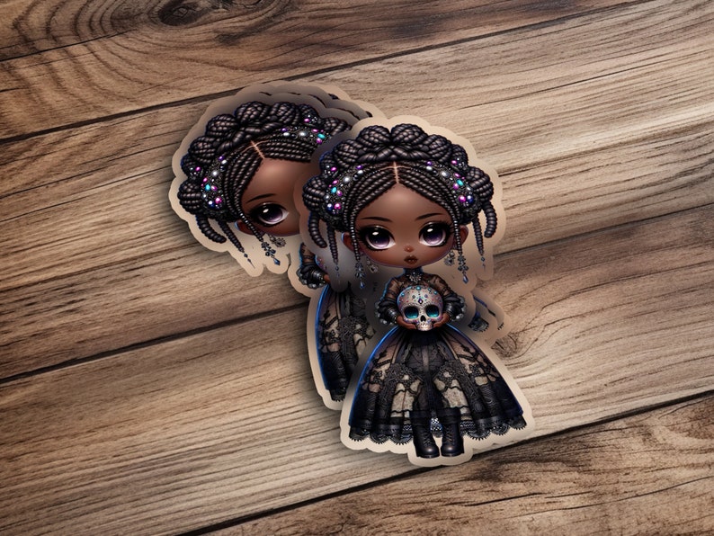 Gothic Cute Doll Sticker, Kawaii African American Doll Art, Skull ...