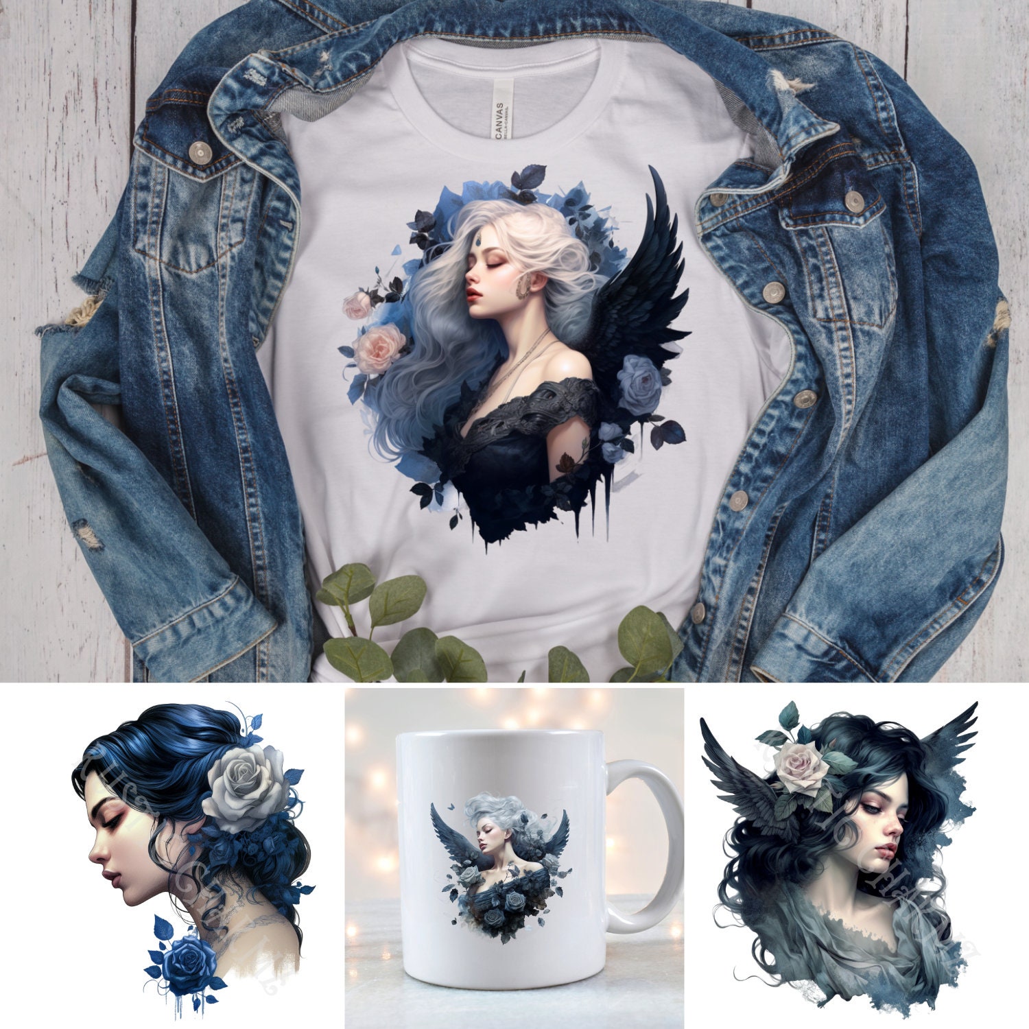 Blue Gothic Raven Beauties Clipart, Gothic, Magic, Floral, Raven ...