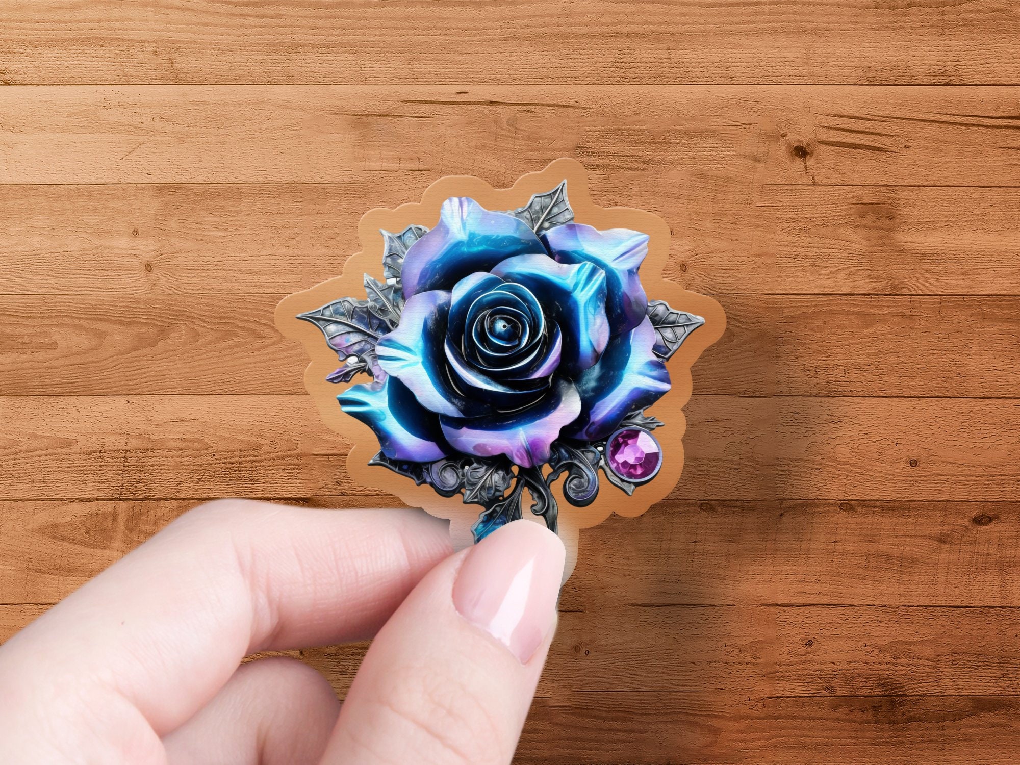 Gothic Blue Rose Sticker, Metallic Floral Decal, Celestial Flower ...