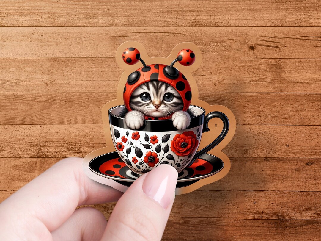 Cute Kitten in Ladybug Costume Sticker, Adorable Cat in Teacup Decal ...