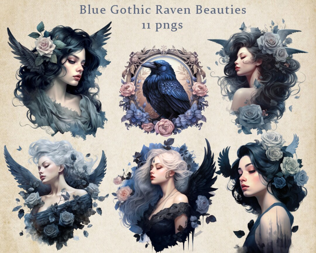 Blue Gothic Raven Beauties Clipart, Gothic, Magic, Floral, Raven ...