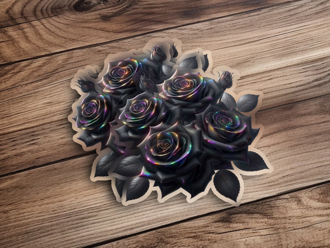 Holographic Black Rose Sticker, Gothic Flower Decal, Shiny Rainbow Rose ...