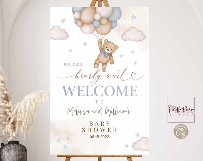 Editable Blue Boy Teddy Bear We Can Bearly Wait Baby Shower Welcome ...