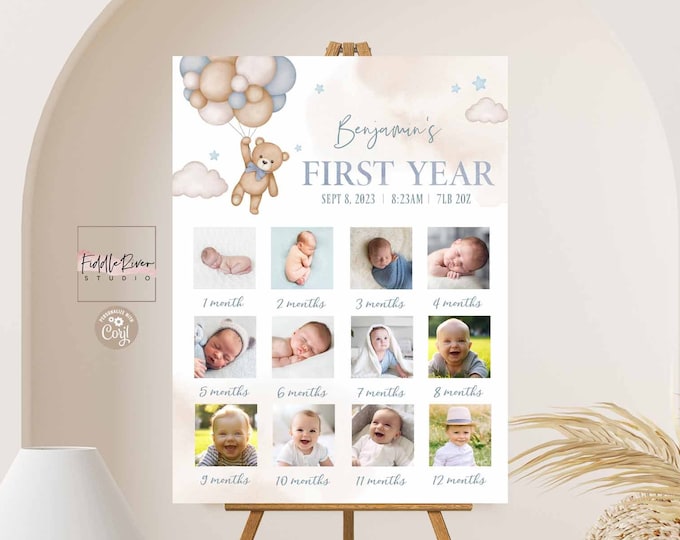 Editable Boy Blue Teddy Bear Birthday Milestone Poster First Year ...
