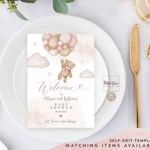 Editable Pink Girl Teddy Bear Welcome Place Card 5x7" Welcome Table ...