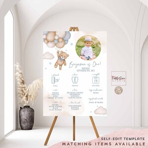 Editable Blue Boy Teddy Bear Birthday Milestone Poster Birthday ...