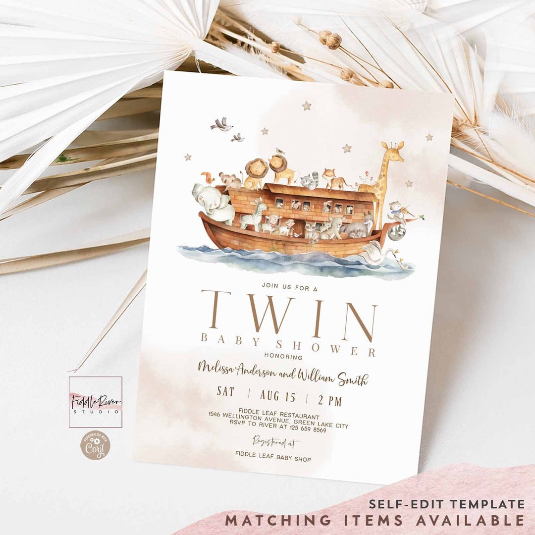 Editable TWIN Gender Neutral Noah's Ark Theme Animals Twins Baby Shower ...