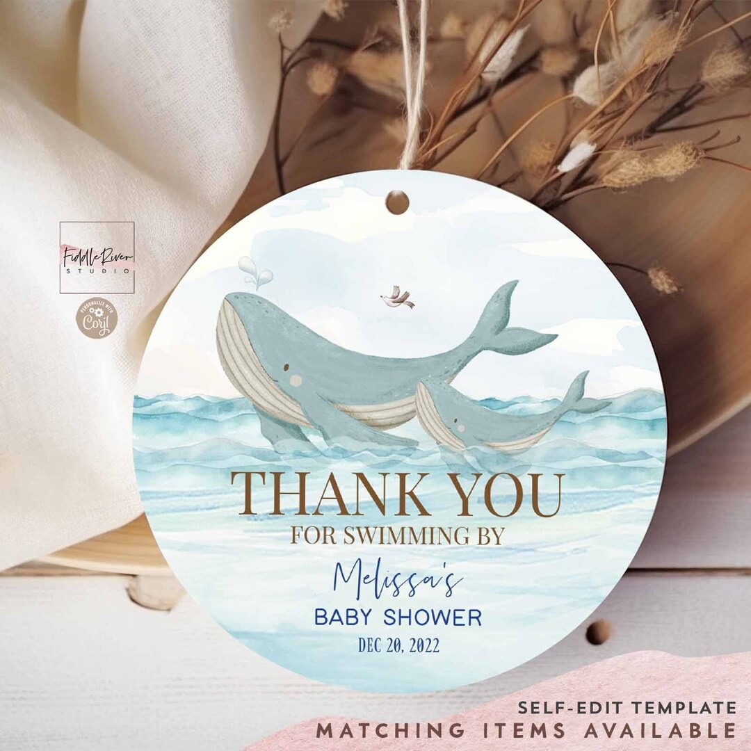 Editable Blue Whale Under the Sea Sea Animal Thank You Round Tag ...