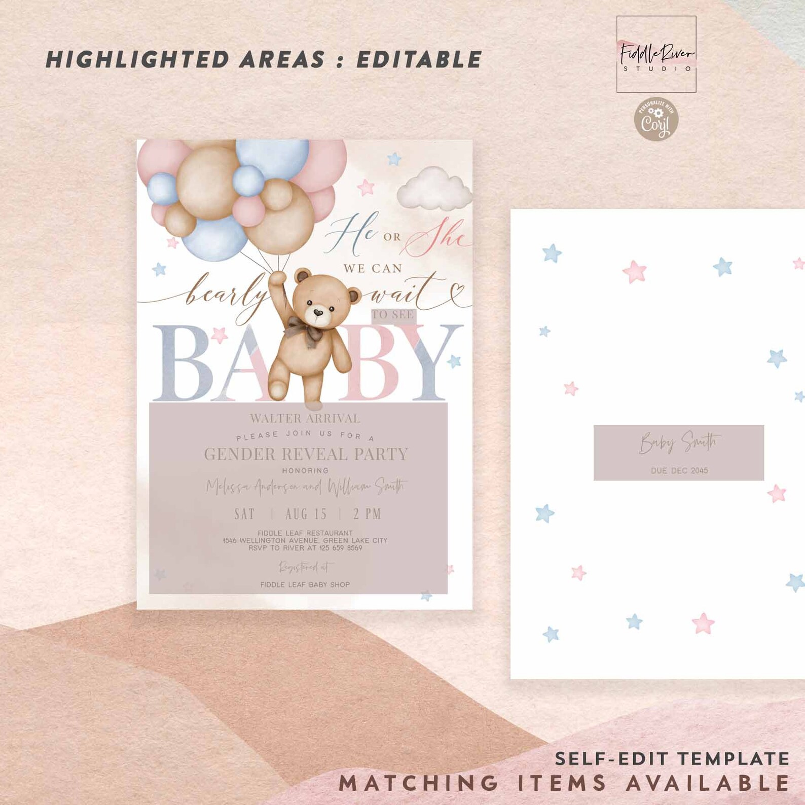 Editable Blue Pink He or She Gender Reveal Teddy Bear He or - Etsy