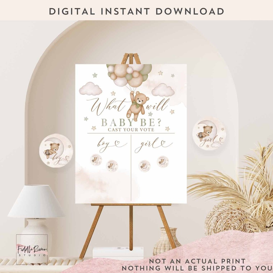 Sage Green Boy or Girl Chart What Will Baby Be Gender Reveal Teddy Bear ...