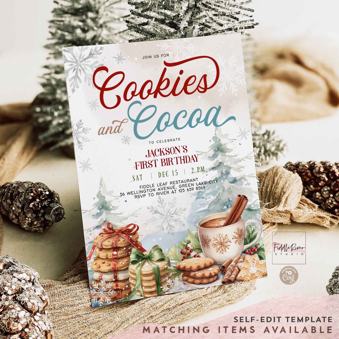 Editable Cookies and Cocoa Chocolate Kids Christmas Birthday Invitation ...