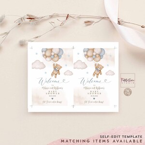 Editable Blue Boy Teddy Bear Welcome Place Card 5x7" Welcome Table Card ...