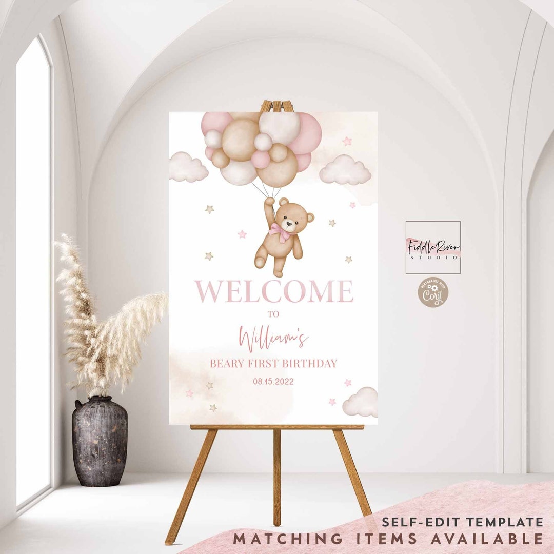Editable Pink Girl Teddy Bear ANY EVENT Birthday Baby Shower Welcome ...