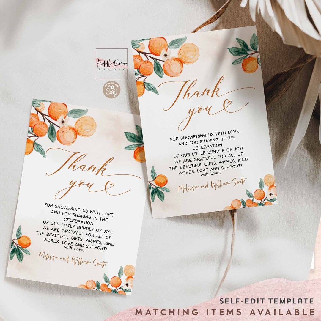 Editable Orange Gender Neutral Thank You Flat Card Sprinkle Shower ...