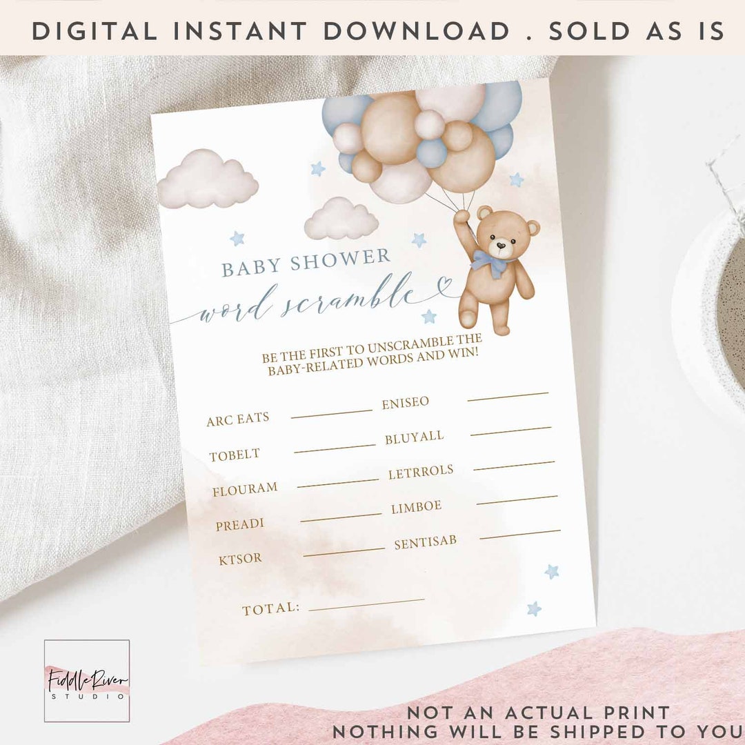 Boy Blue Teddy Bear Baby Shower Baby Word Scramble Game Baby Shower ...