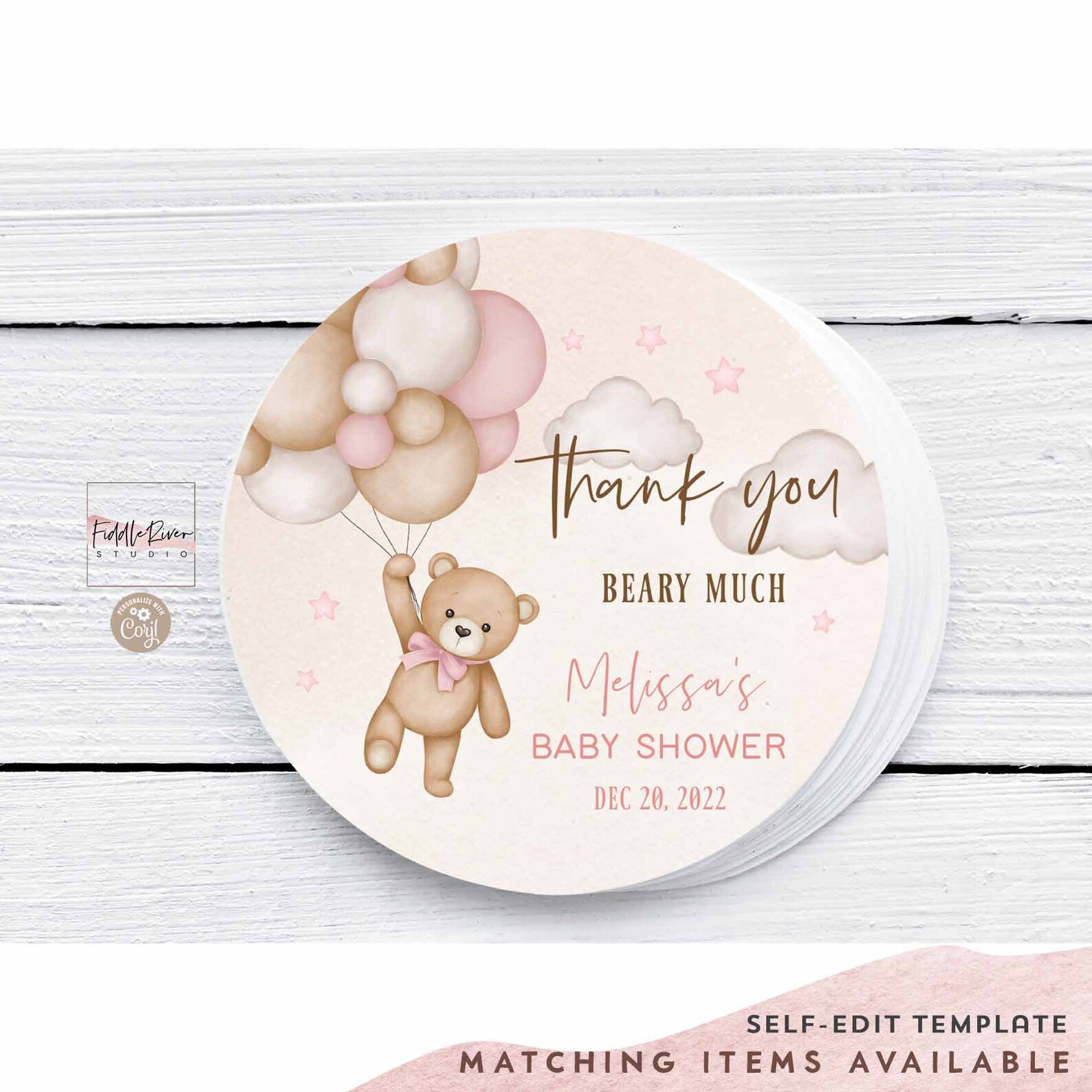 Editable Pink Girl Teddy Bear Thank You Round Tag Sticker Label Thank ...