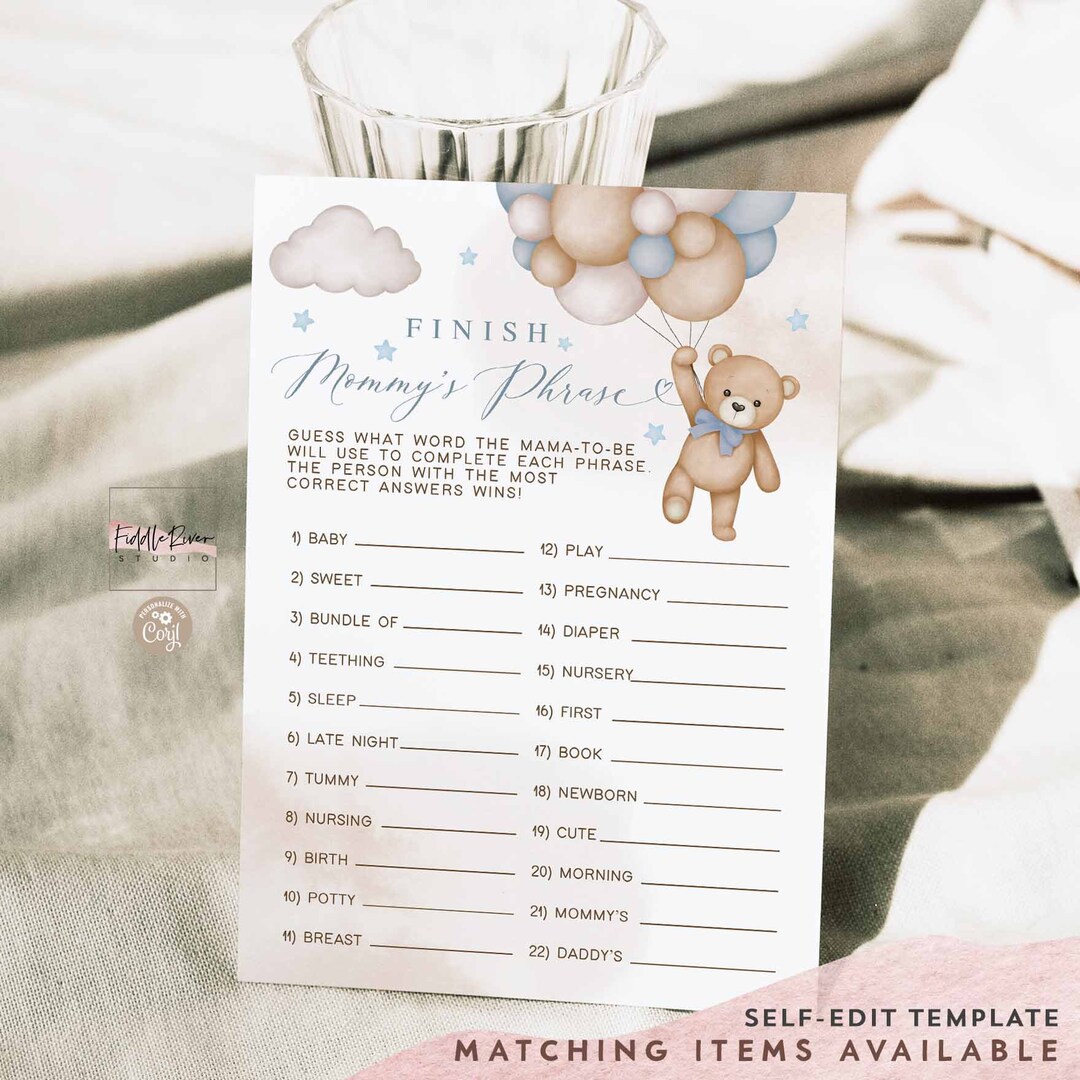 Editable Blue Boy Teddy Bear Finish Mommy's Phrase Game Baby Shower ...