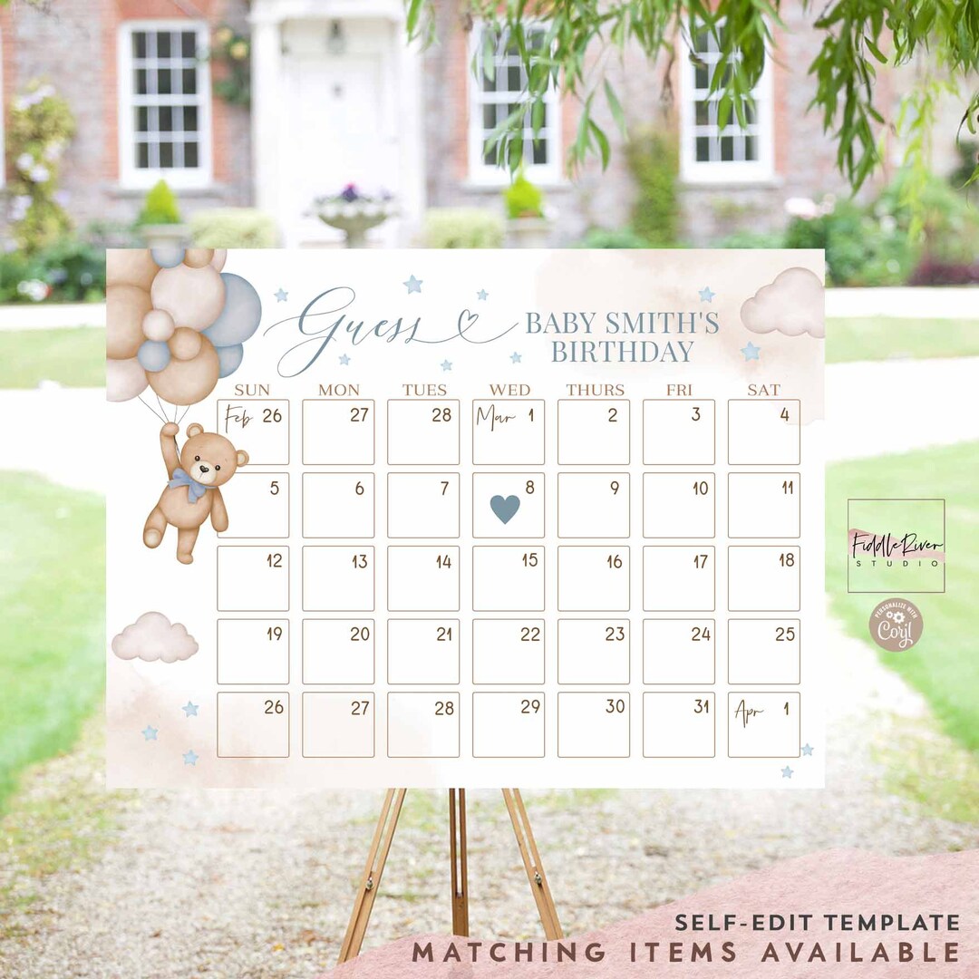 Editable Boy Blue Teddy Bear We Can Bearly Wait Shower Due Date ...