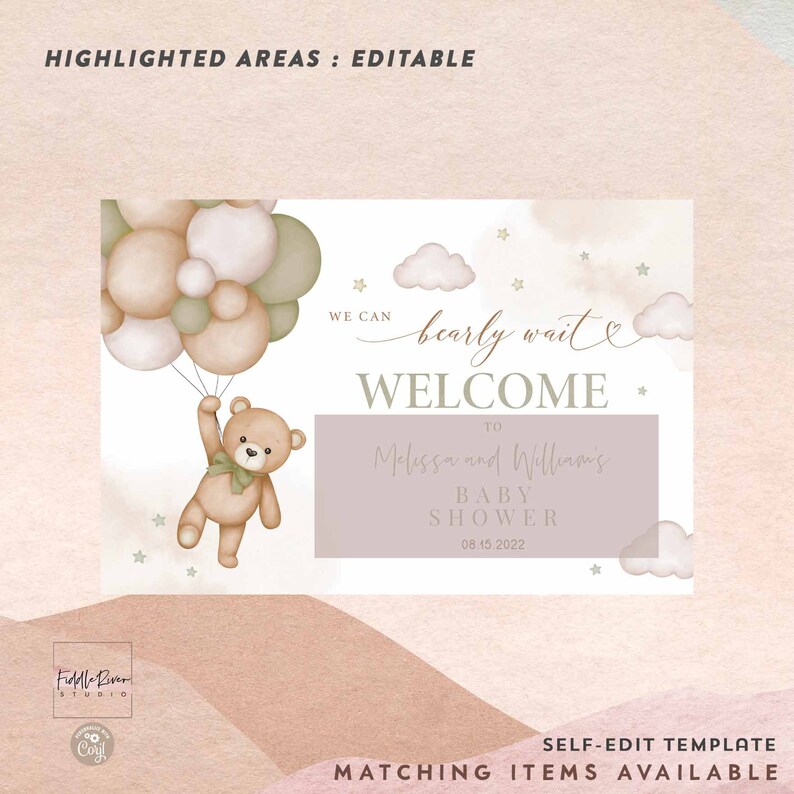 Editable Sage Green Gender Neutral Teddy Bear We Can Bearly - Etsy