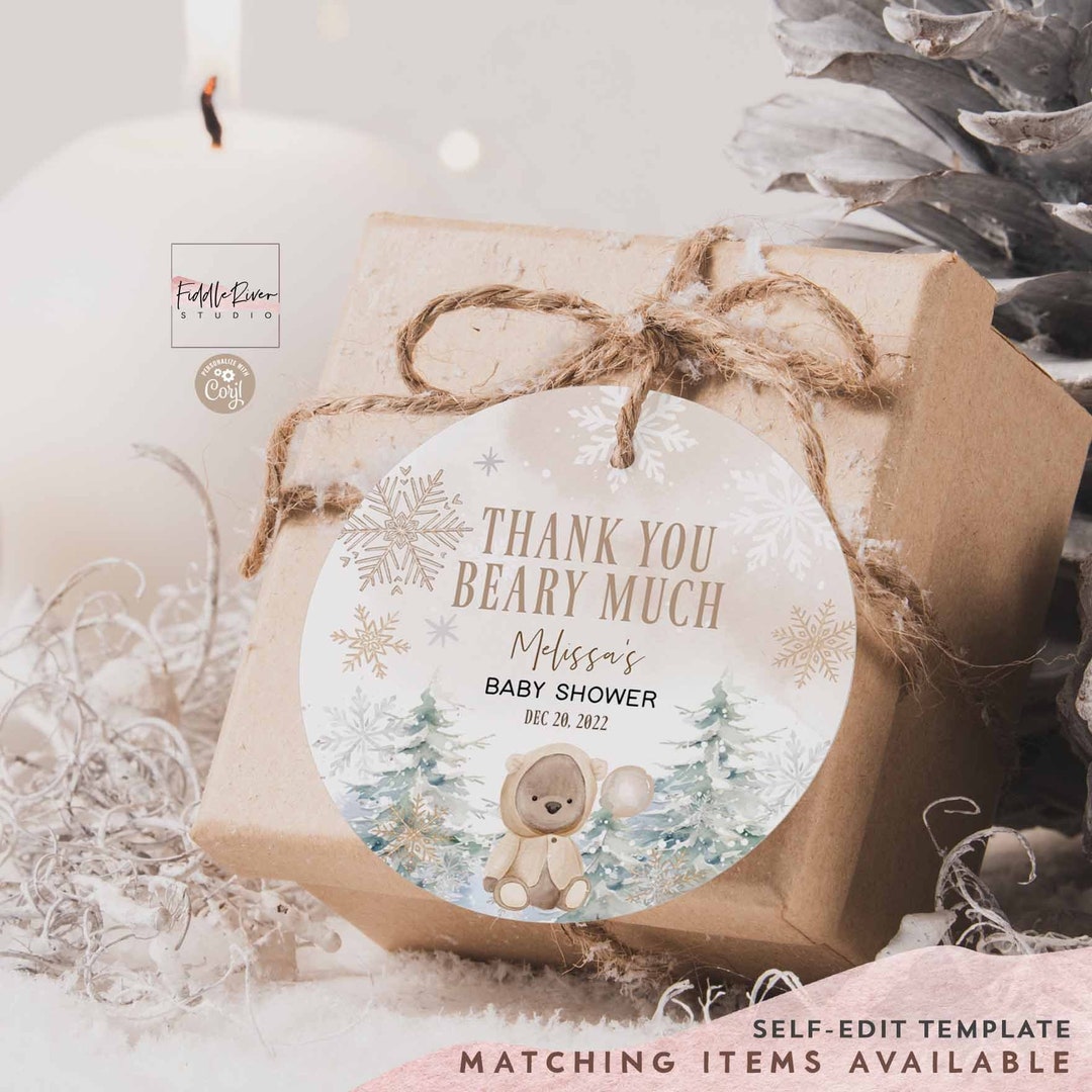 Editable Gender Neutral Winter Bear Snowflake Thank You Round Tag ...