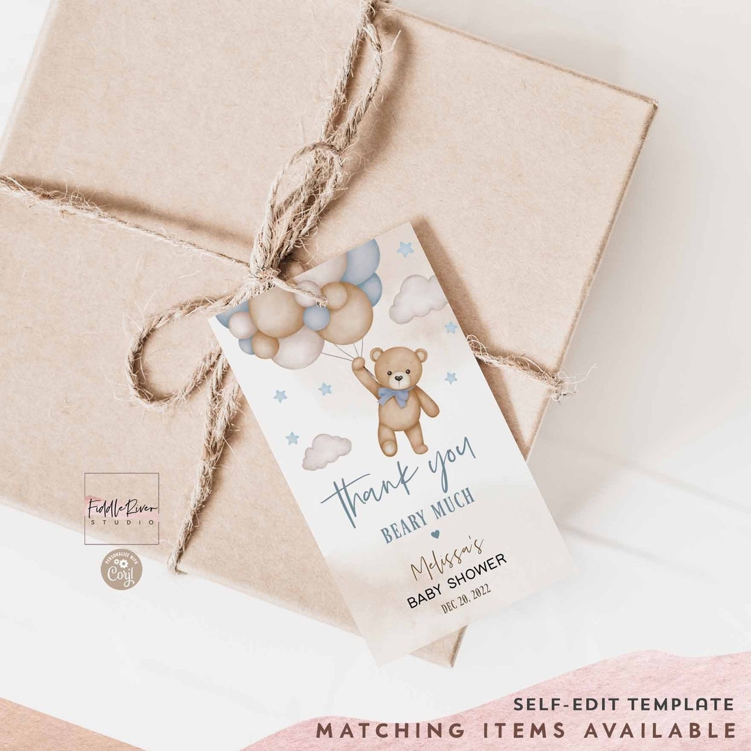 Editable Blue Boy Teddy Bear Thank You Rectangle Tag Sticker Label ...