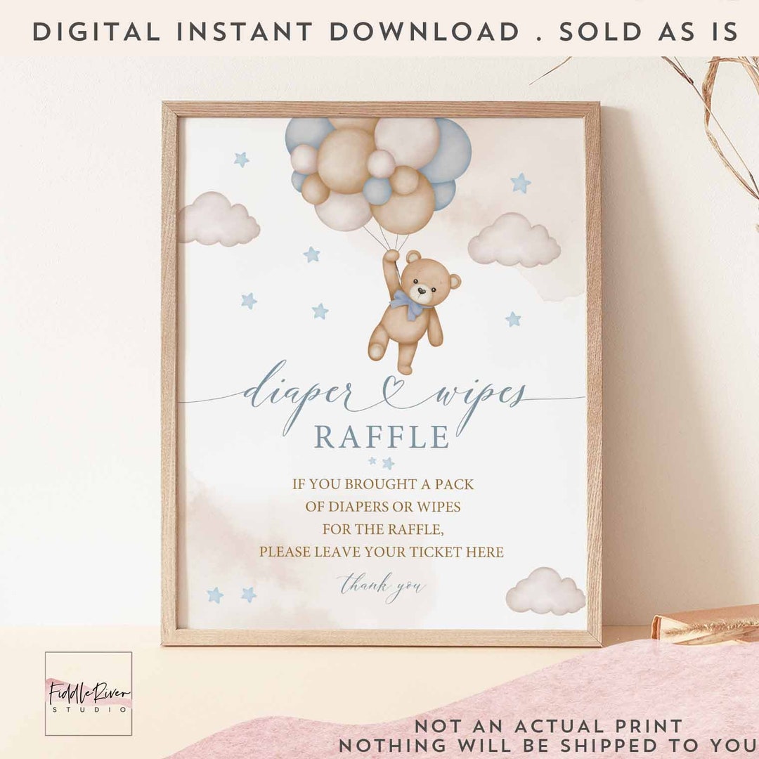 Boy Blue Teddy Bear Baby Shower Diaper Wipes Raffle Sign Baby Shower ...