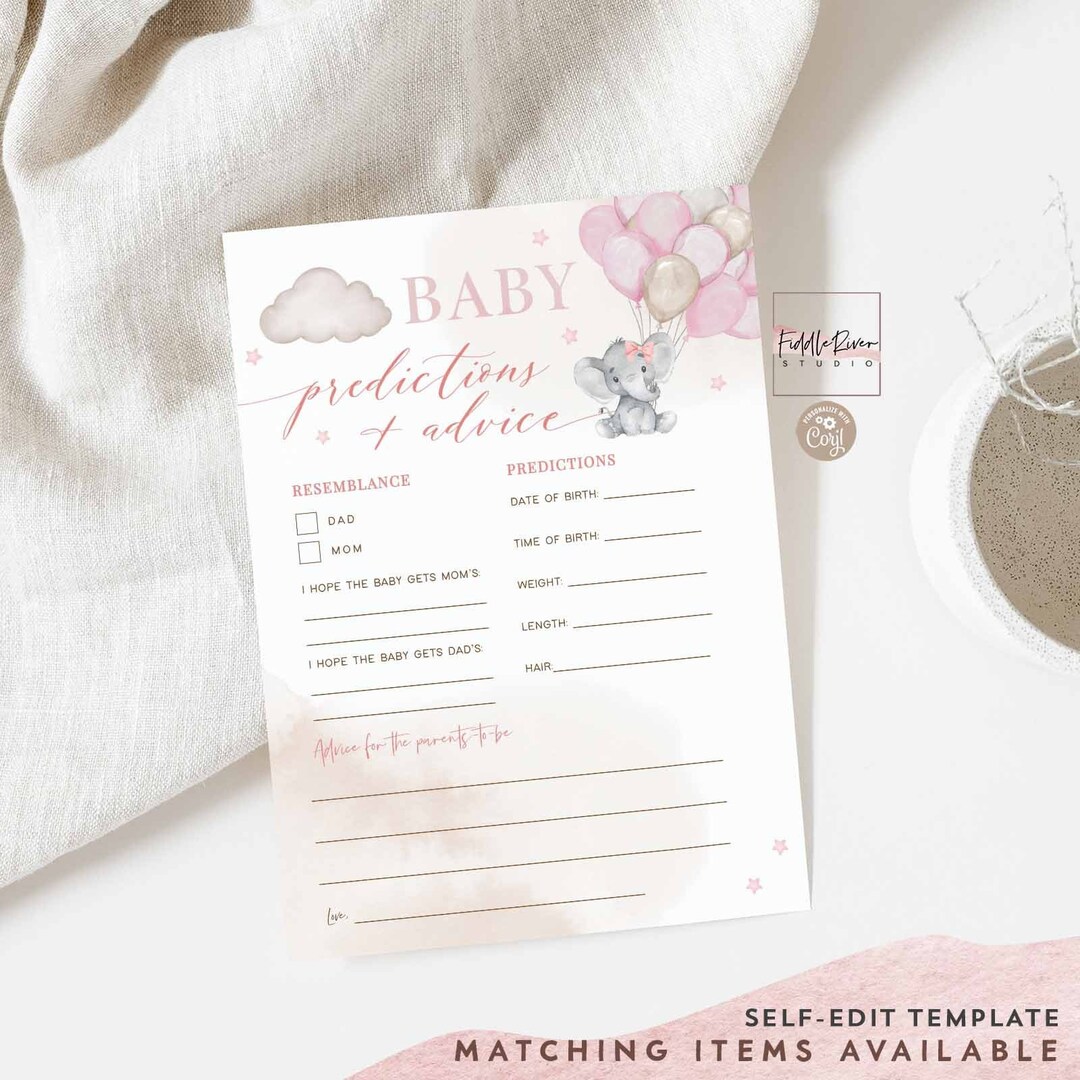Editable Pink Girl Elephant Baby Shower Baby Predictions and Advice ...