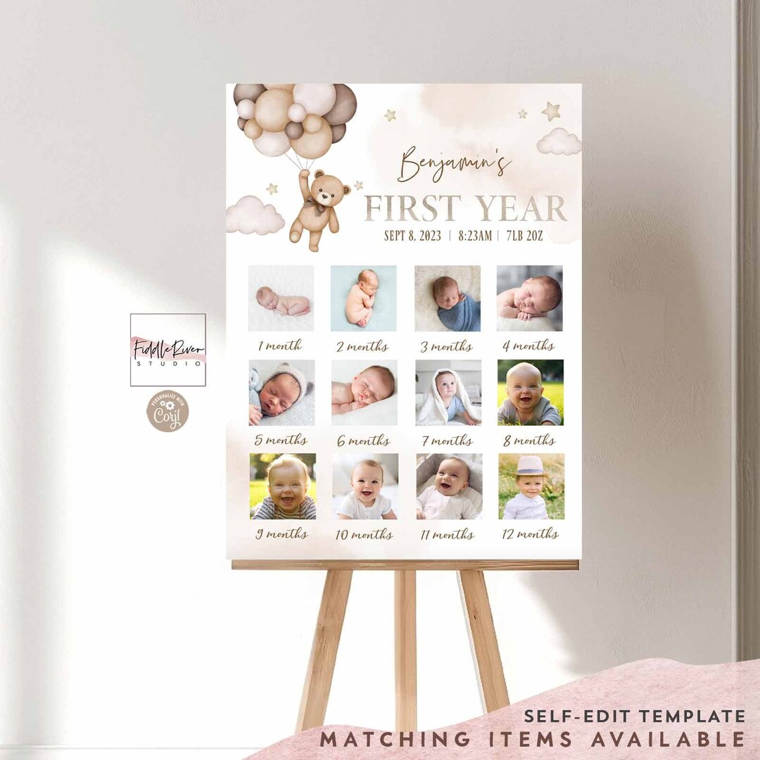 Editable Brown Teddy Bear Birthday Milestone Poster First Year Poster ...