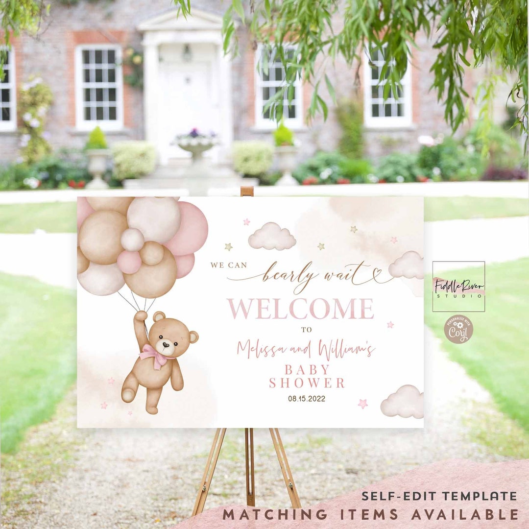 Editable Pink Girl Teddy Bear We Can Bearly Wait Baby Shower Welcome ...