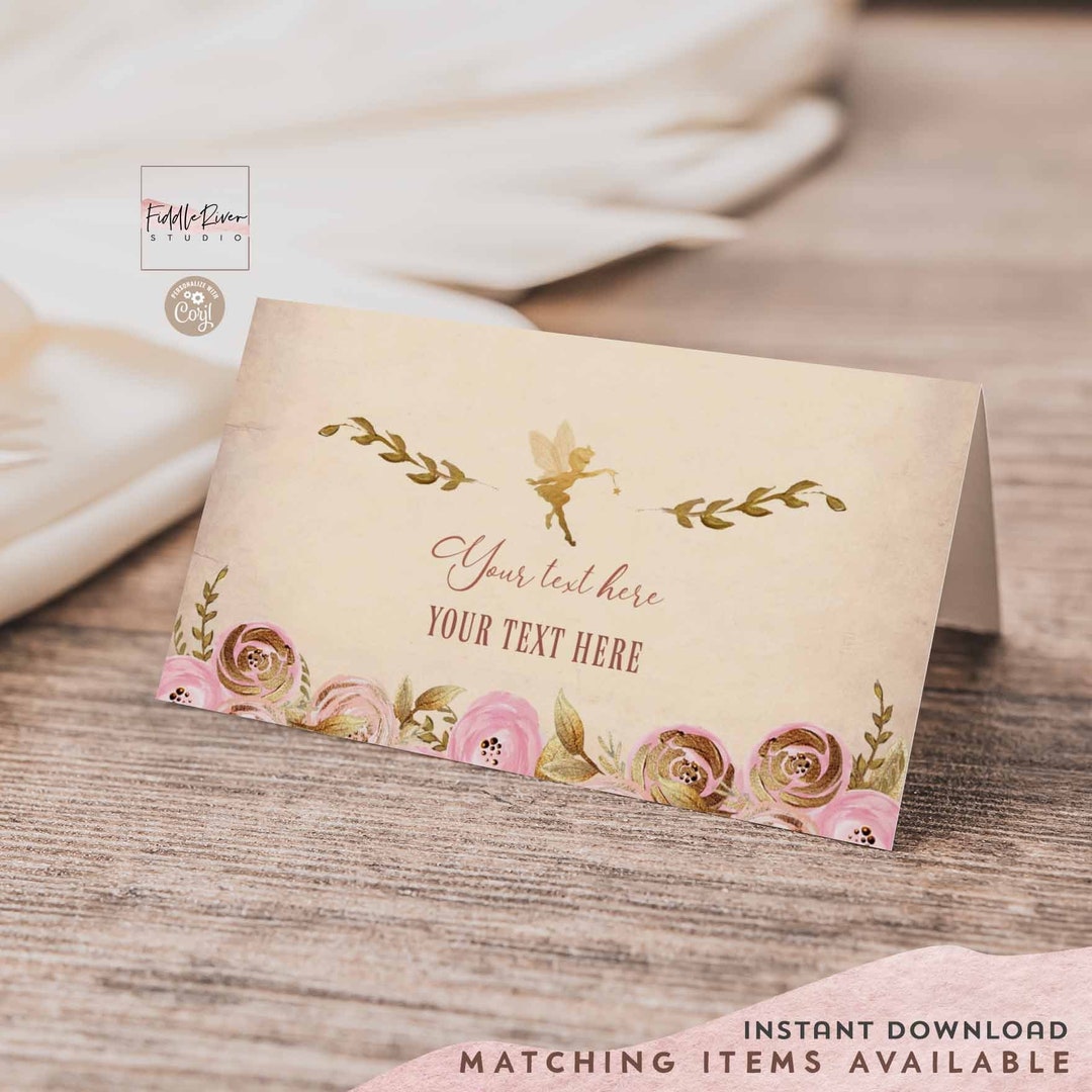 Editable Pink Gold Floral Fairy Girl Folded Place Card Buffet Food ...